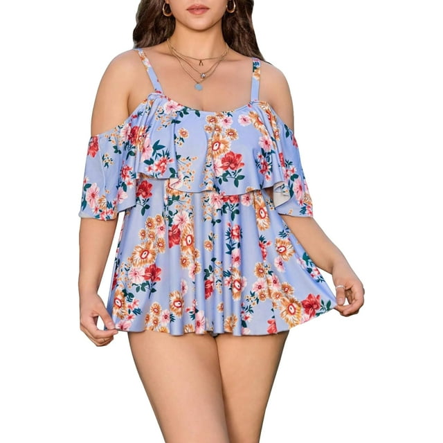 Plus Size 2 Piece Tankini Floral Print Swimsuit Ruffle Trim Bikini Set ...