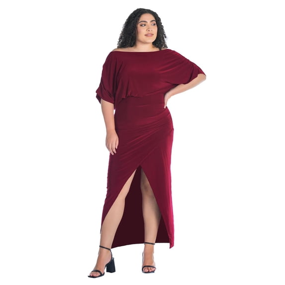 Plus Size 24Seven Comfort Apparel Boat Neck Batwing Sleeve Slit Maxi ...