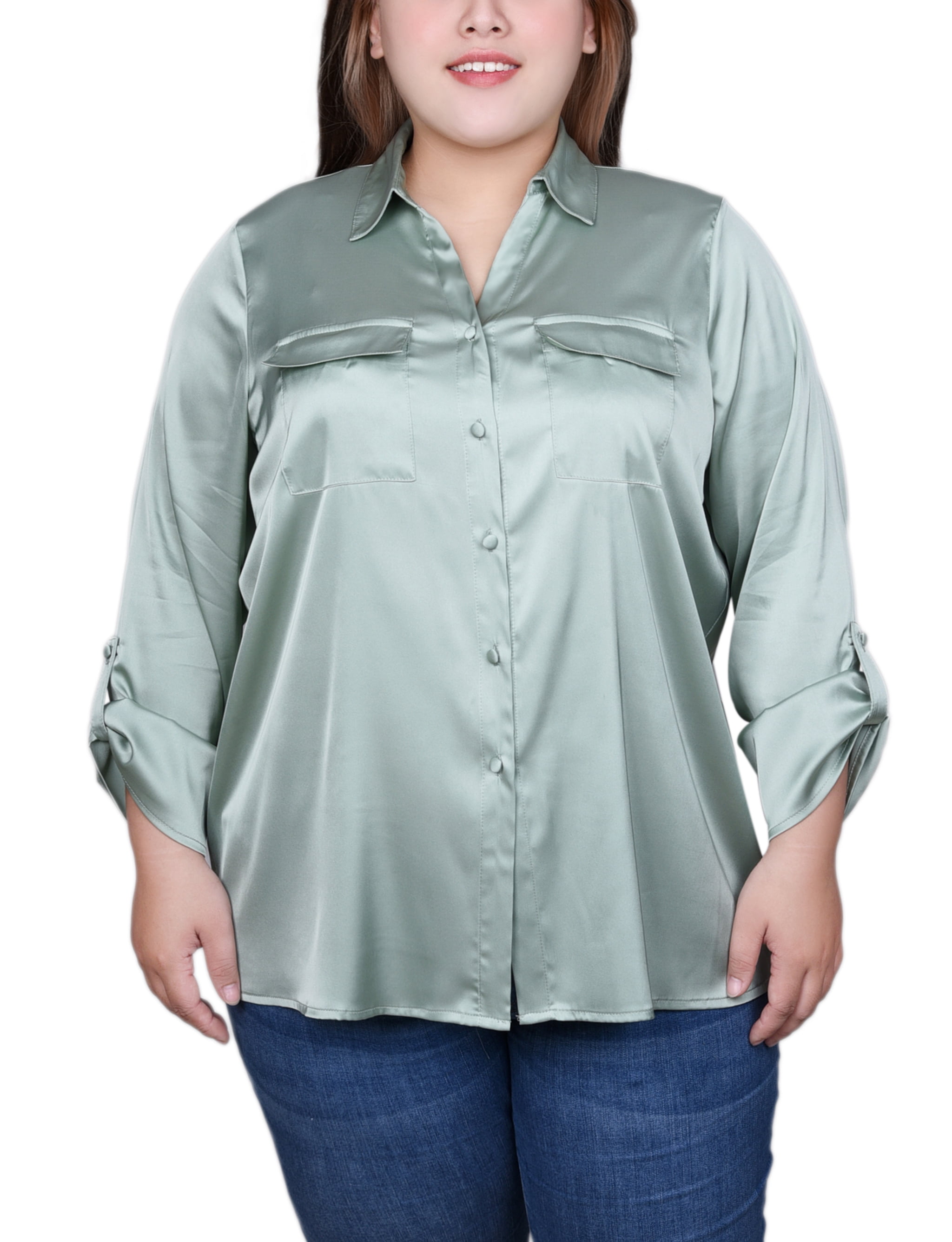 Plus Size 3/4 Sleeve Roll Tab Satin Blouse - Walmart.com