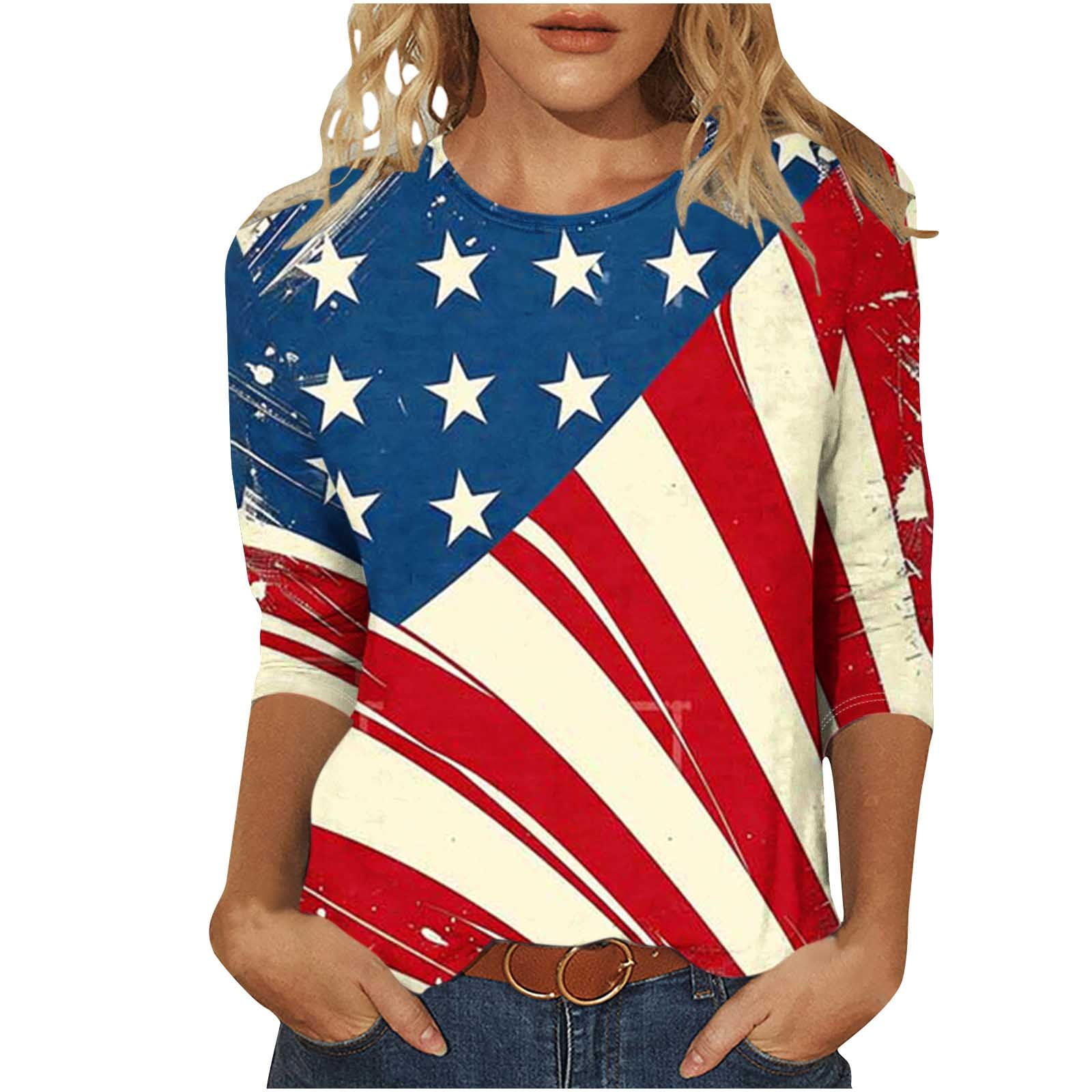 Plus Size 3/4 Sleeve Shirts for Women Independence Day Crewneck Tunic ...