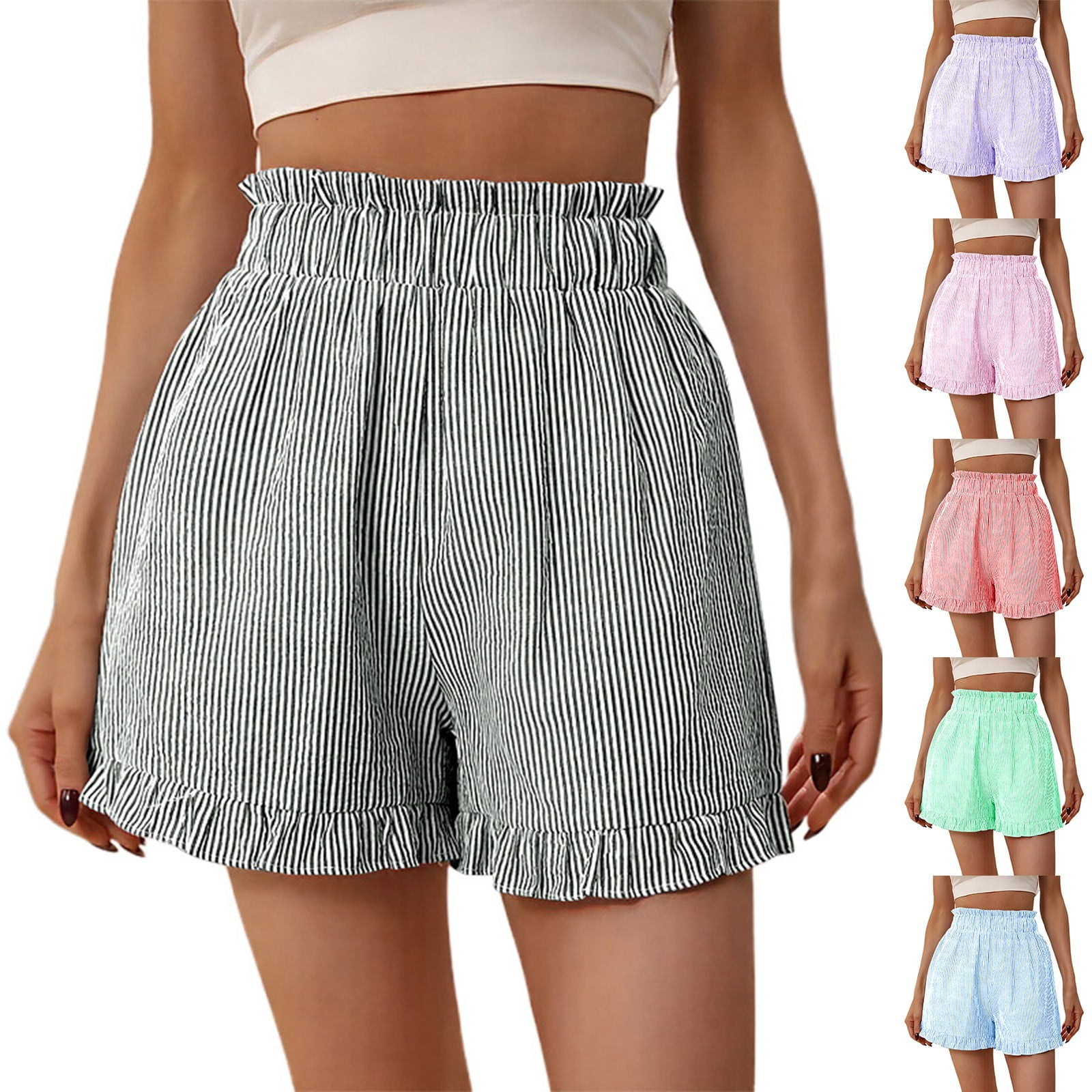 Plus Size Athletic Shorts High Waist Striped Lace Trim Beach Wide Leg ...