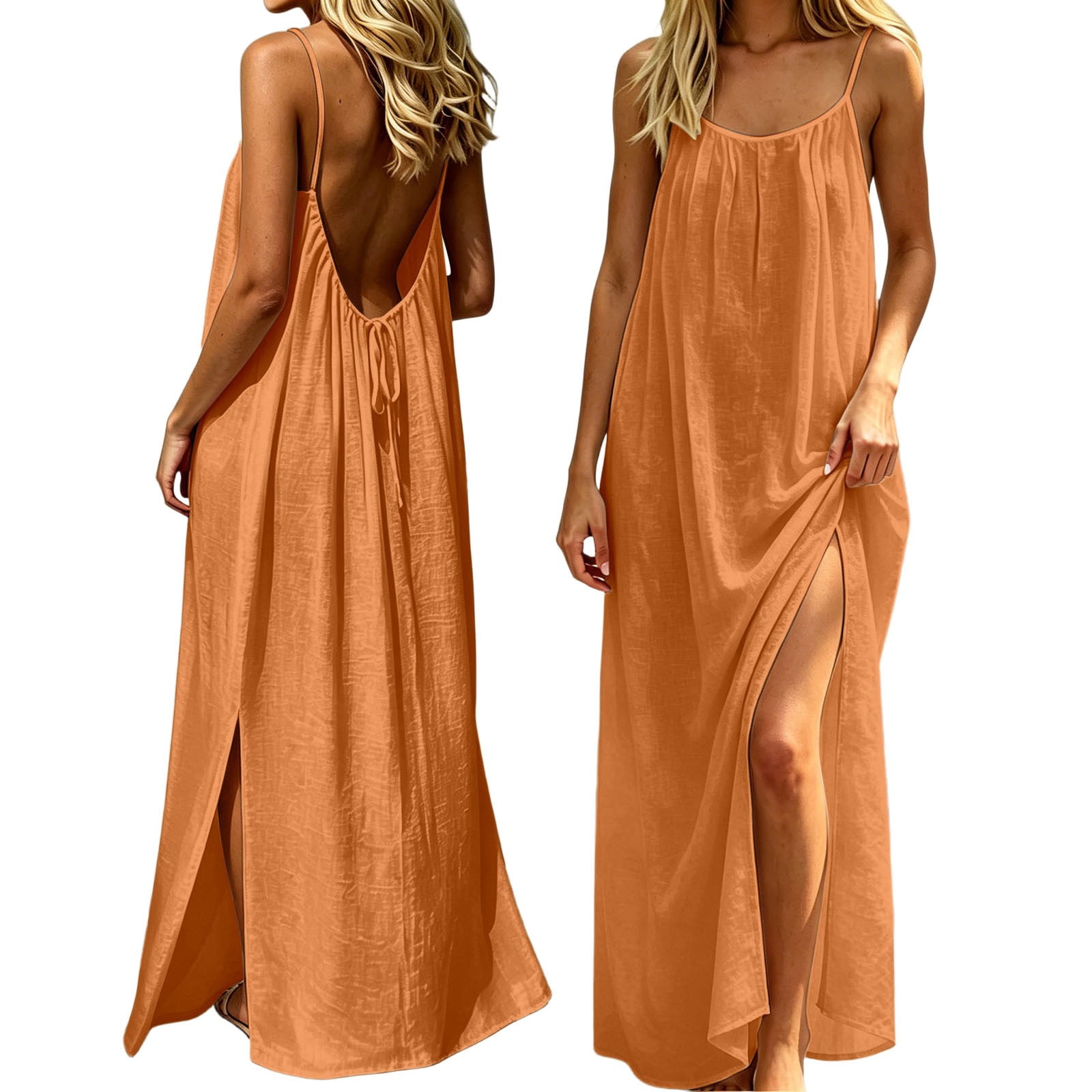 Plus Size Backless Cami Dress for Women 2026 Summer Linen Cutout Slit ...