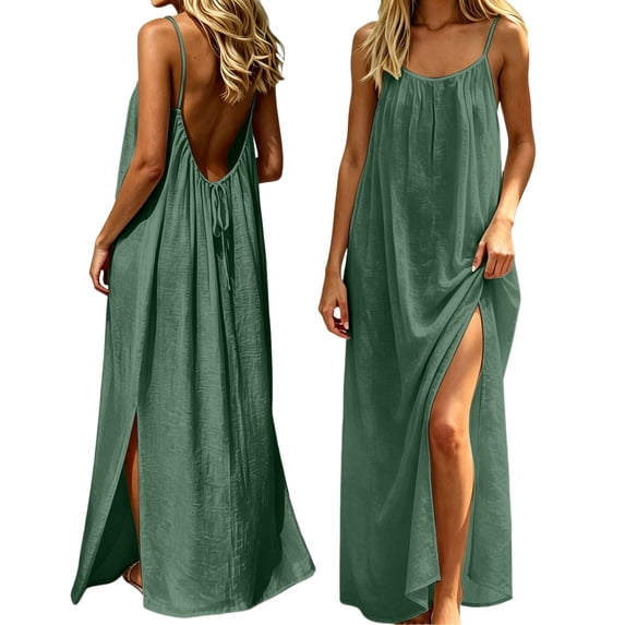 Plus Size Backless Cami Dress for Women 2026 Summer Linen Cutout Slit ...