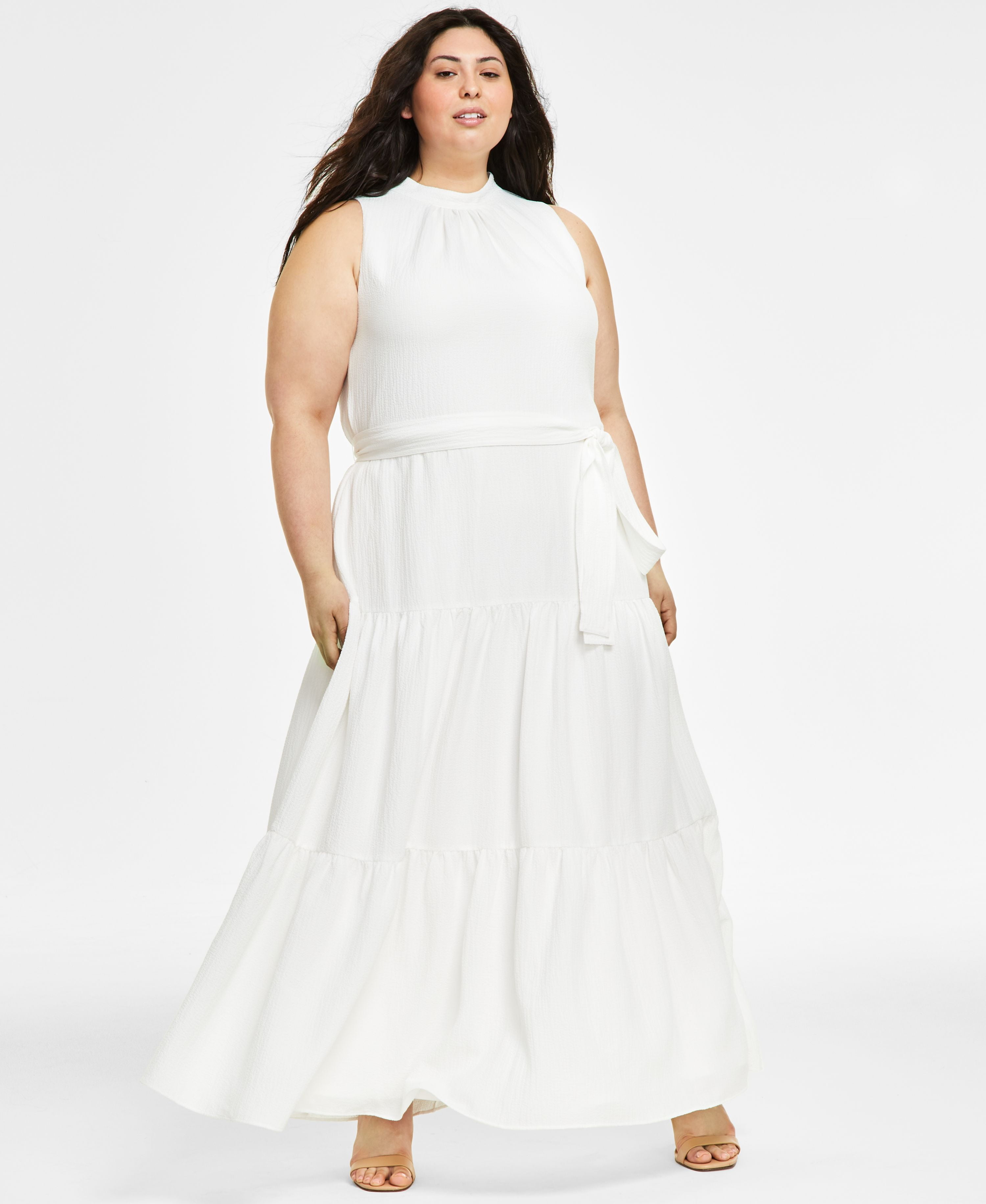 Plus Size Belted Textured Tiered-Skirt Dress Bright White 14W - Walmart.com