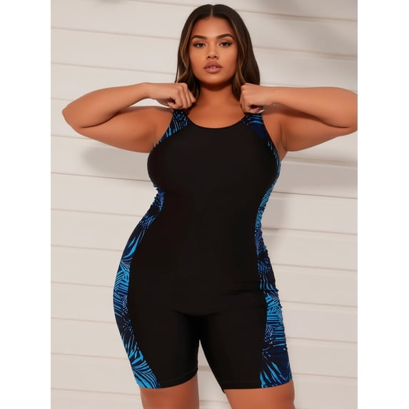 Plus Size Black & Blue Tropical Print One-Piece Swimsuit - Walmart.com