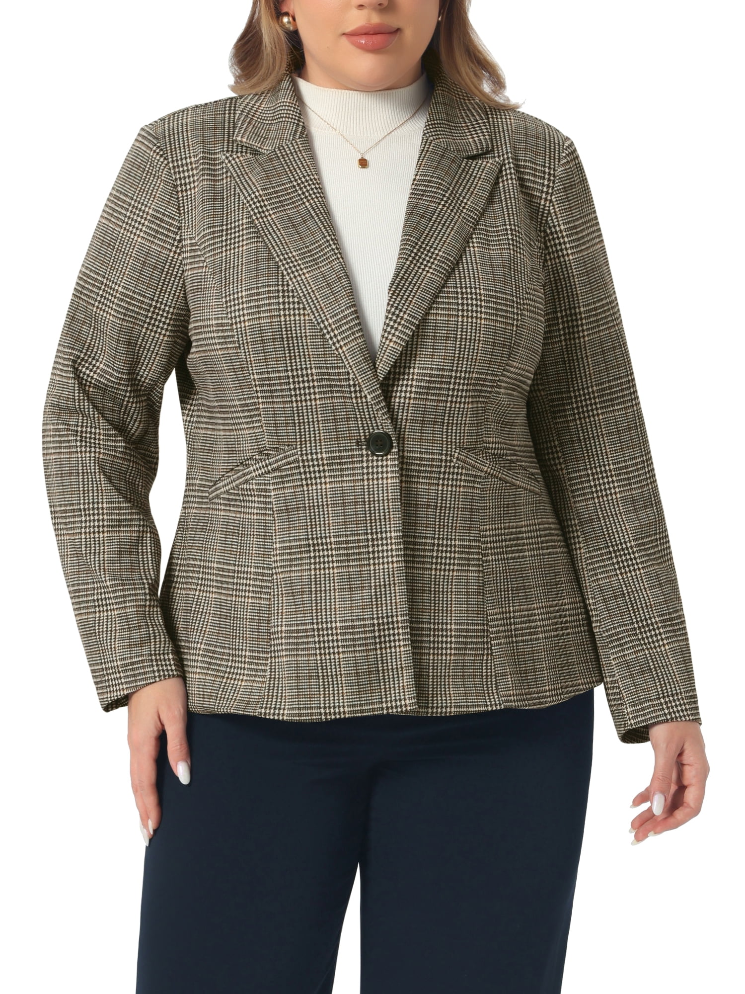 Plus Size Blazers for Women Business Casual Plaid Notched Lapel Long ...