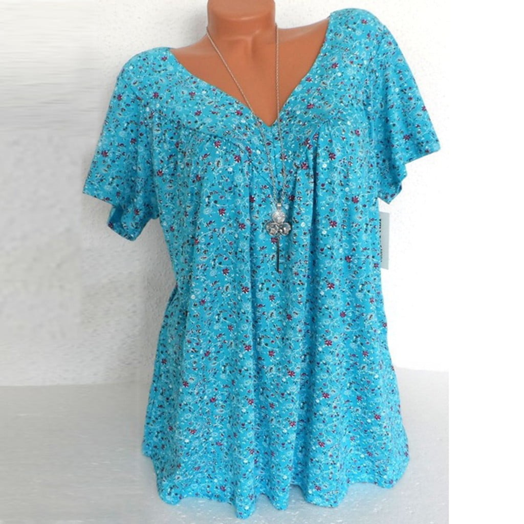 Plus Size Blouses For Women Trendy Floral Print Pleated Button Short ...