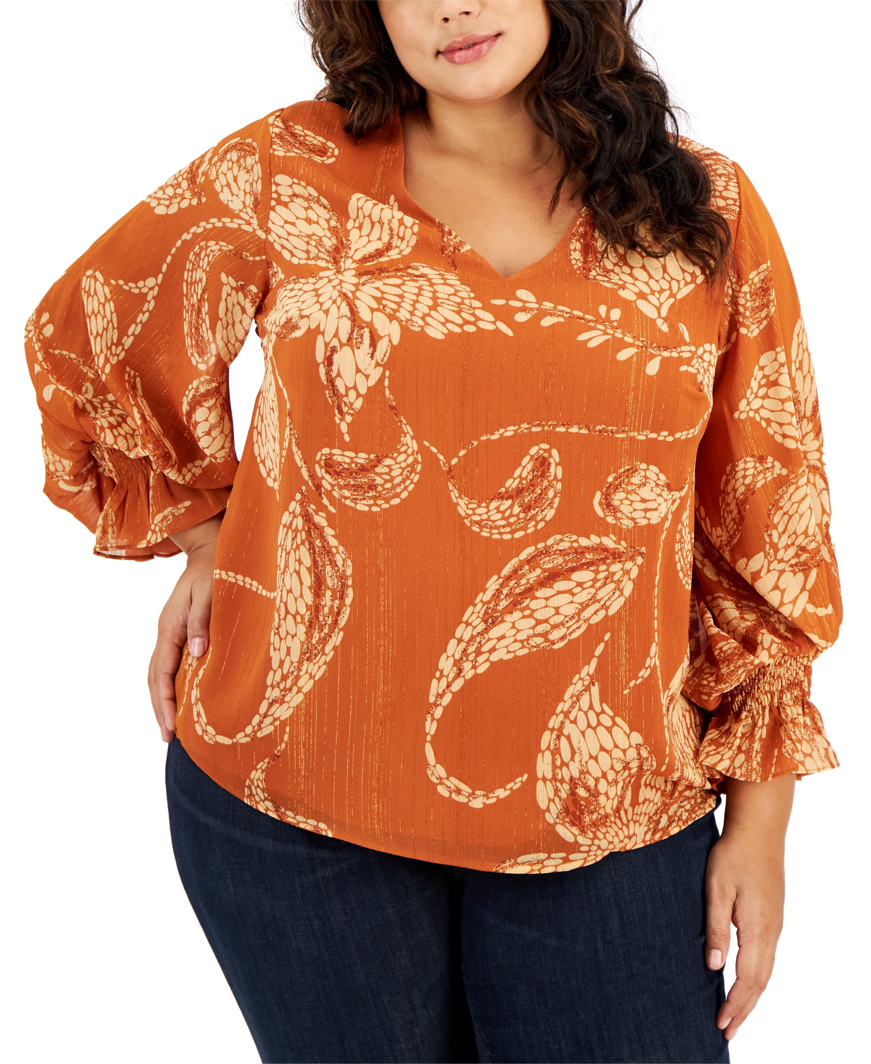 Plus Size Blouson-Sleeve Smocked-Cuff V-Neck Blouse Clay Pot 1X ...