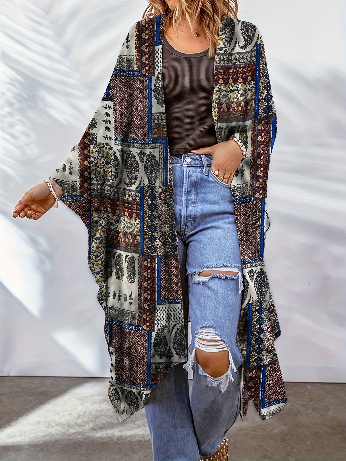 Plus Size Boho Kimono, Women's Plus Bat Sleeve Open Front Kimono - Walmart.com