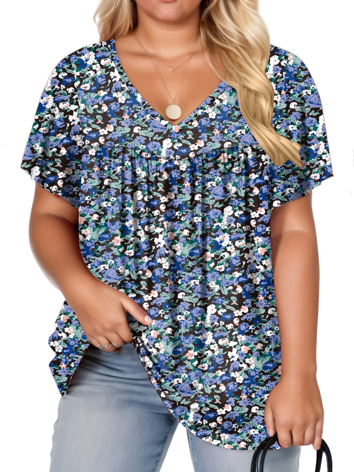 NISVIYA Plus Size Boho Tops Lightweight Xl Pleated Ruffle Sleeve Floral ...
