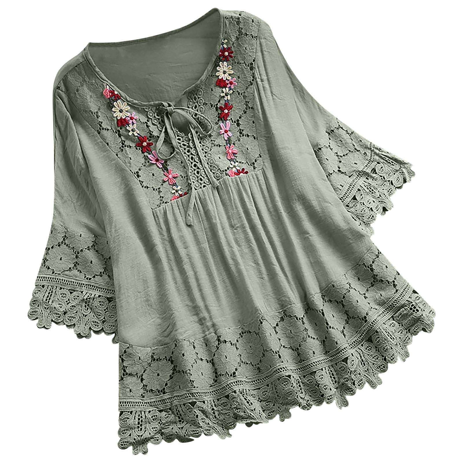 Plus Size Boho Tops for Women Cotton Linen Lace Hollow out Loose ...