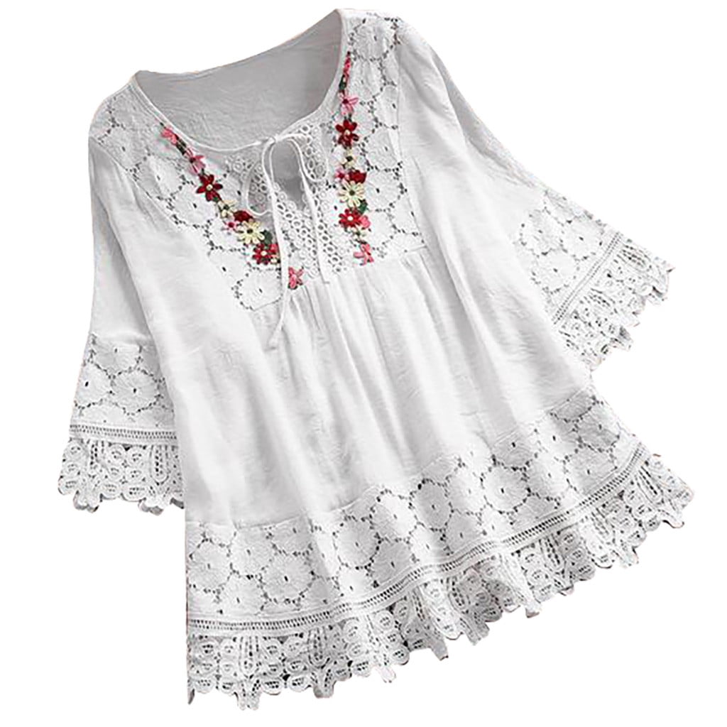 Plus Size Boho Tops for Women Cotton Linen Lace Hollow out Loose ...