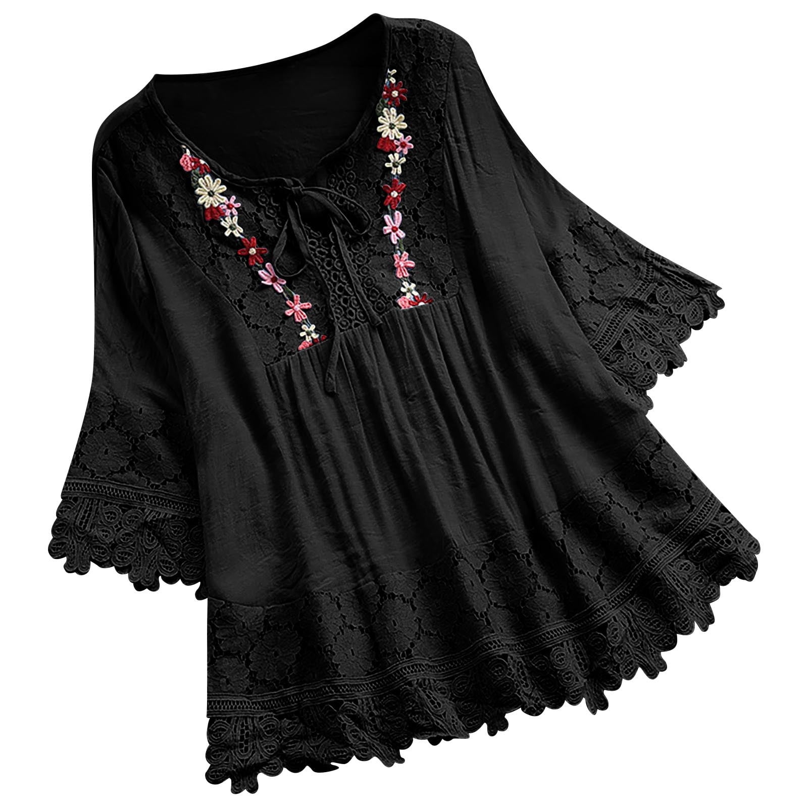 AherBiu Plus Size Boho Tops Women, Cotton Linen Blouse, Lace Hollow Out ...
