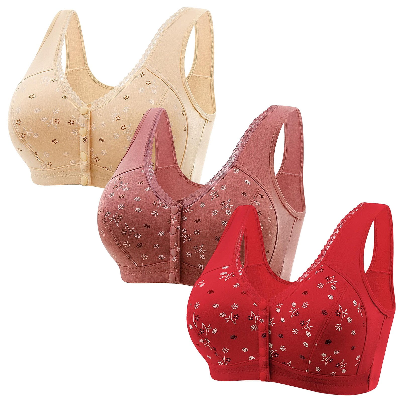 Plus Size Bras for Women Pack of 3 Daisy Floral Push Up Wireless Front ...