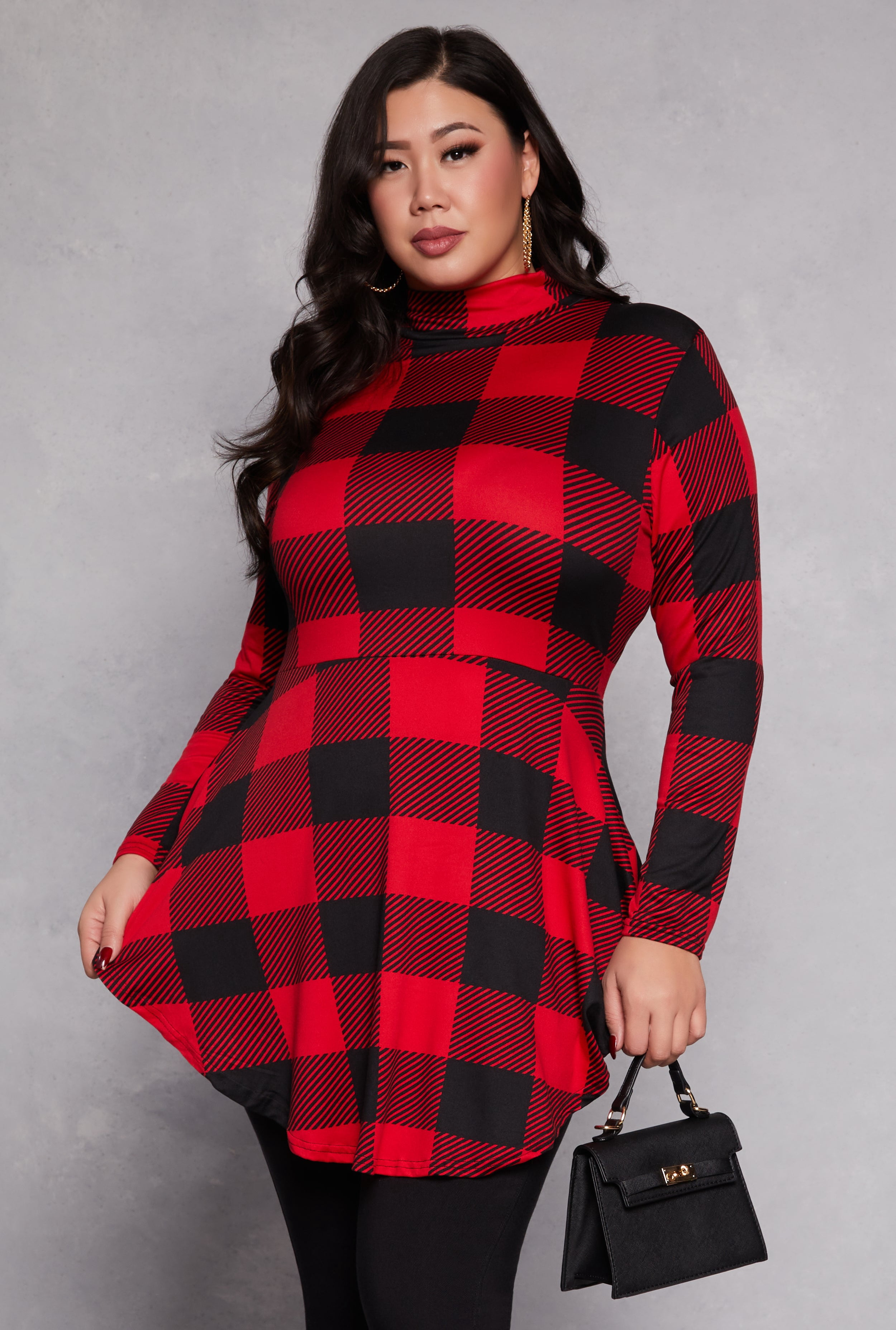 Womens Plus Size Buffalo Plaid Mock Neck Peplum Top - Walmart.com