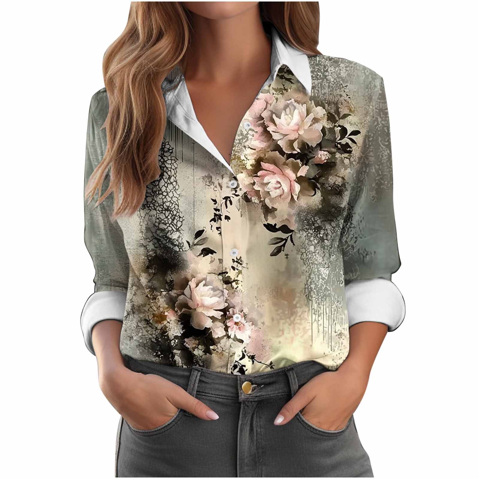 Plus Size Button Up Shirts Womens Graphic Printed Lapel Collar Dressy ...