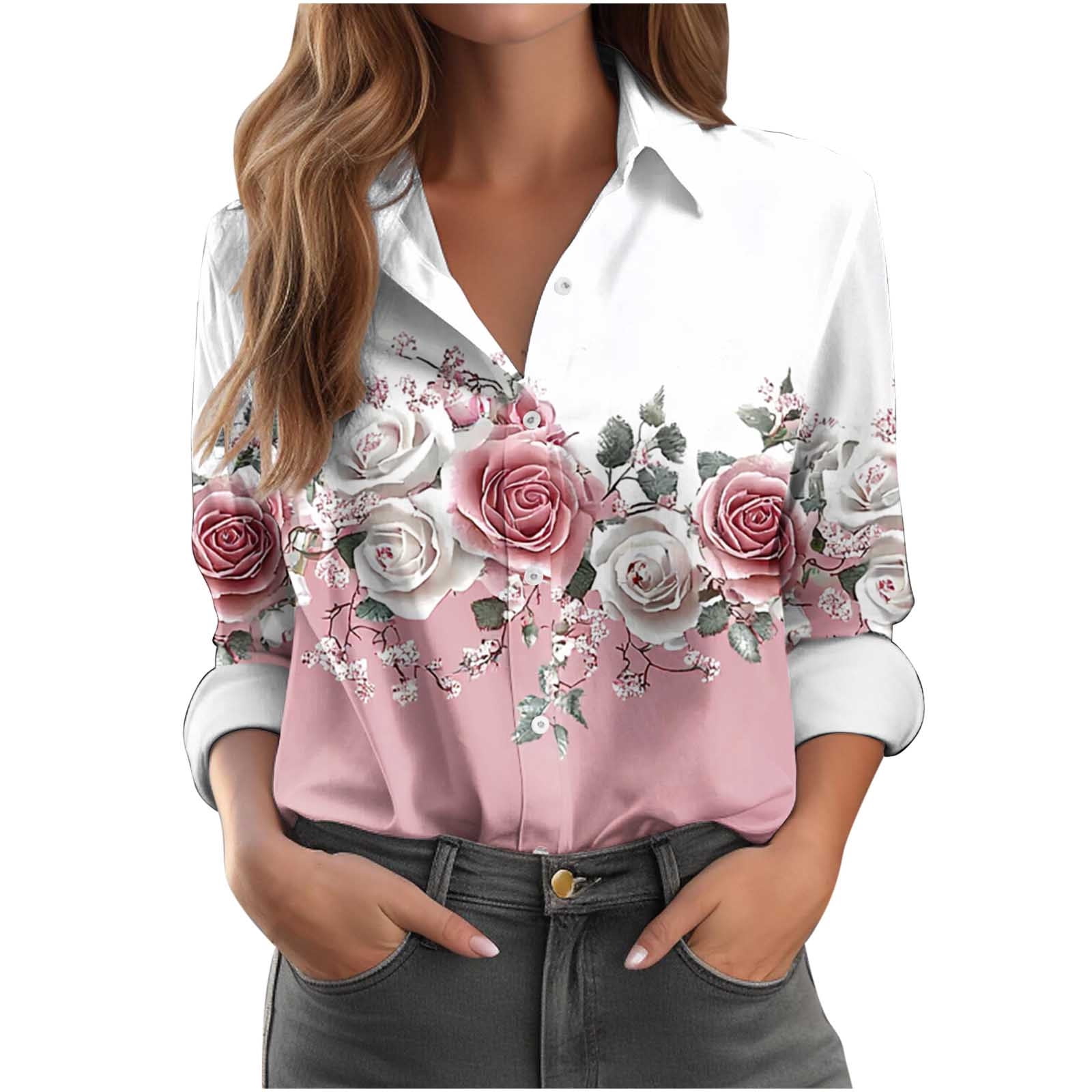 Plus Size Button Up Shirts Womens Graphic Printed Lapel Collar Dressy ...
