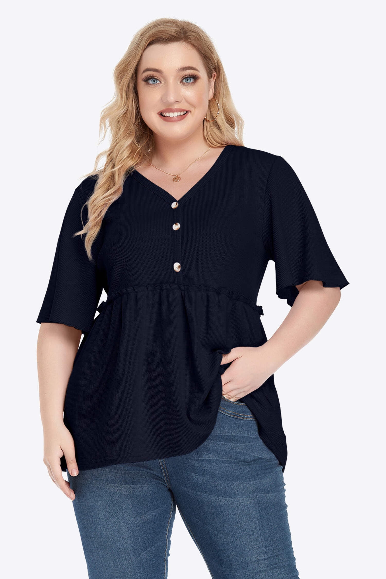 Plus Size Buttoned V-Neck Frill Trim Babydoll Blouse - Walmart.com