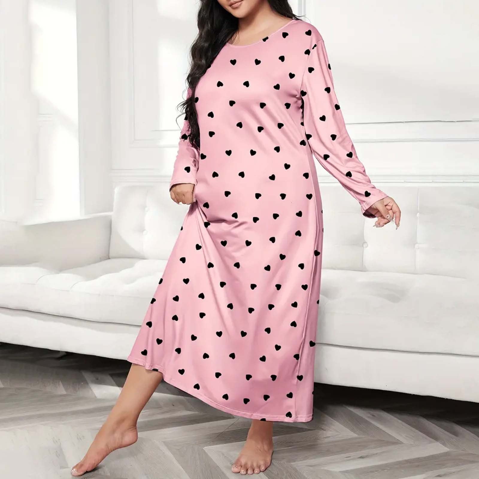 Plus Size Casual Sleep Dress Women's Plus Heart Print Long Sleeve Round ...