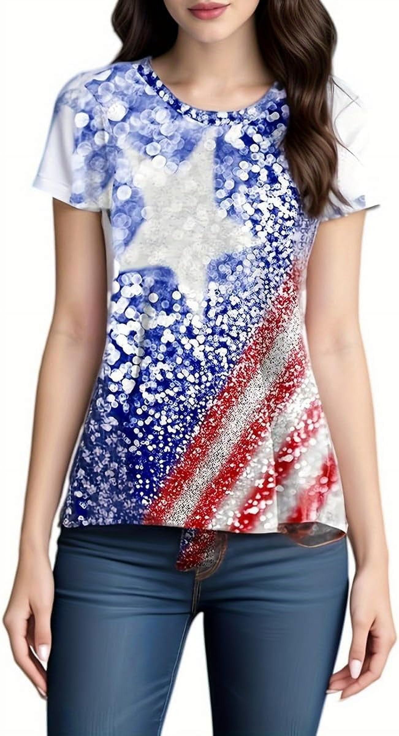 Plus Size Casual T-Shirt Ladies Star Fashion Print Medium Length Short ...