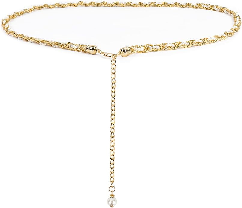 Plus Size Chain Belt for Women, Gold Color and White Faux Small Pearl ...