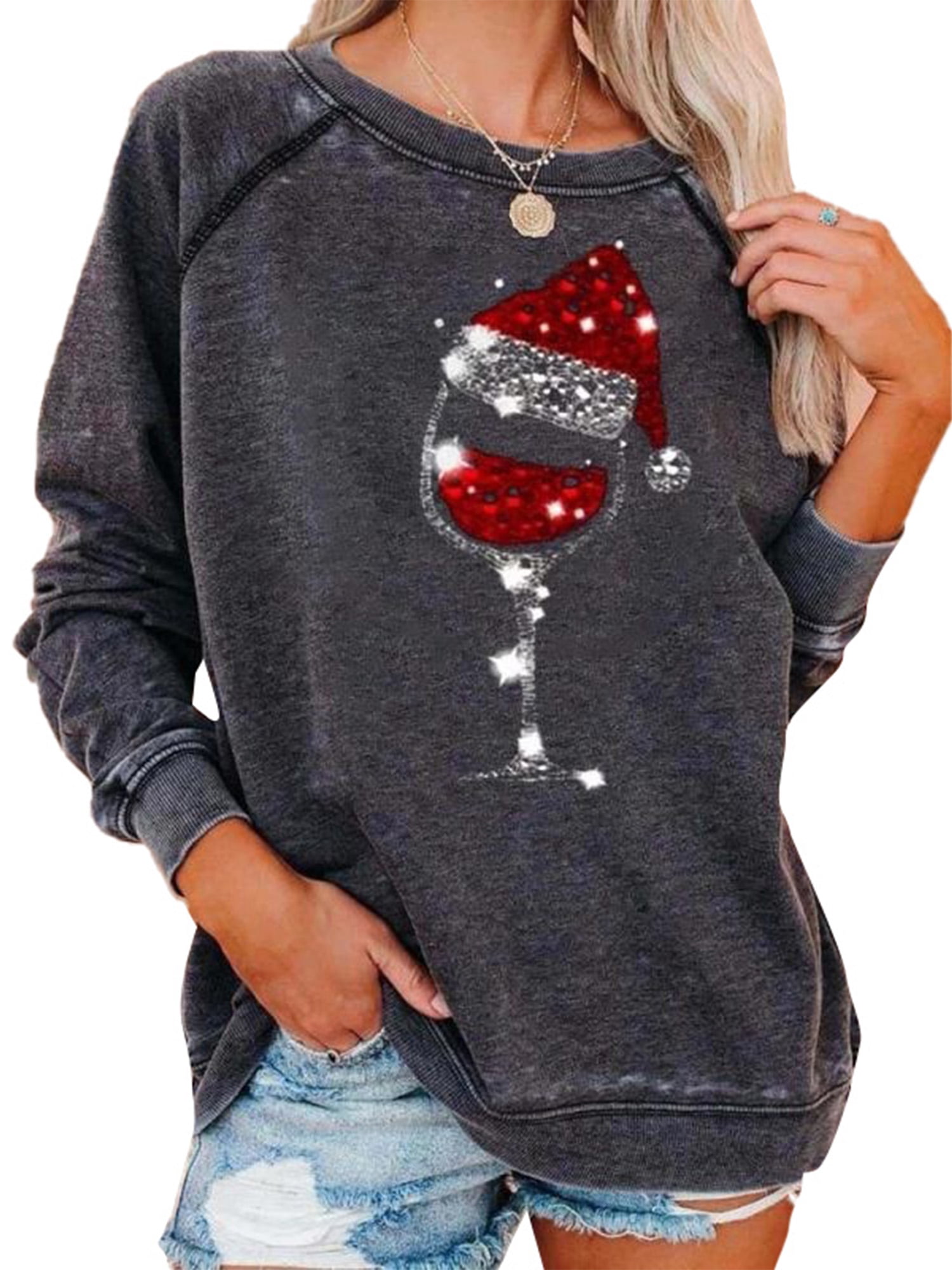 Plus Size Christmas Print Tops Casual Loose Fleece Long-sleeved Tunic ...