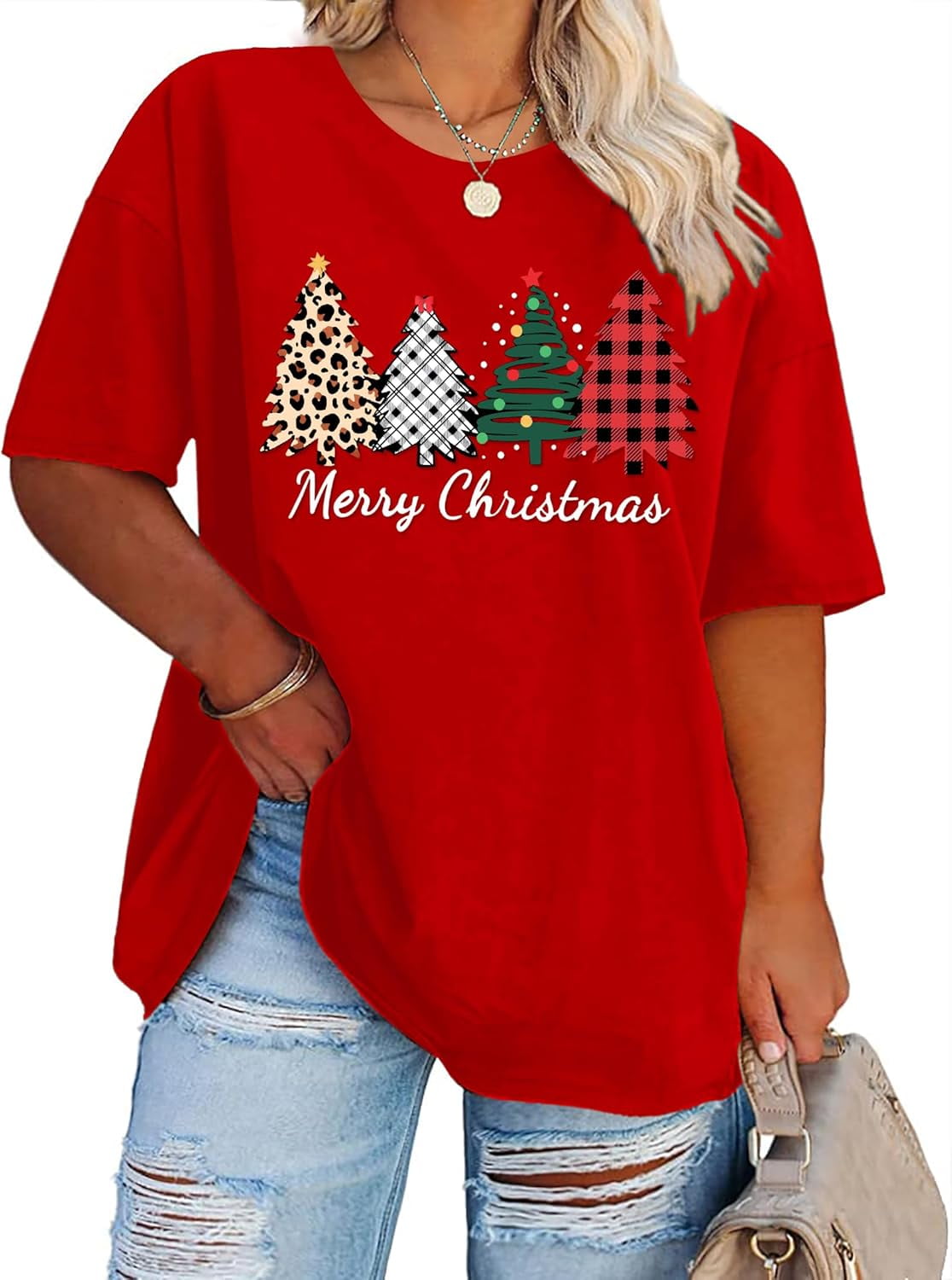 Plus-Size Christmas Shirts Women Merry Christmas Leopard Plaid Tree ...