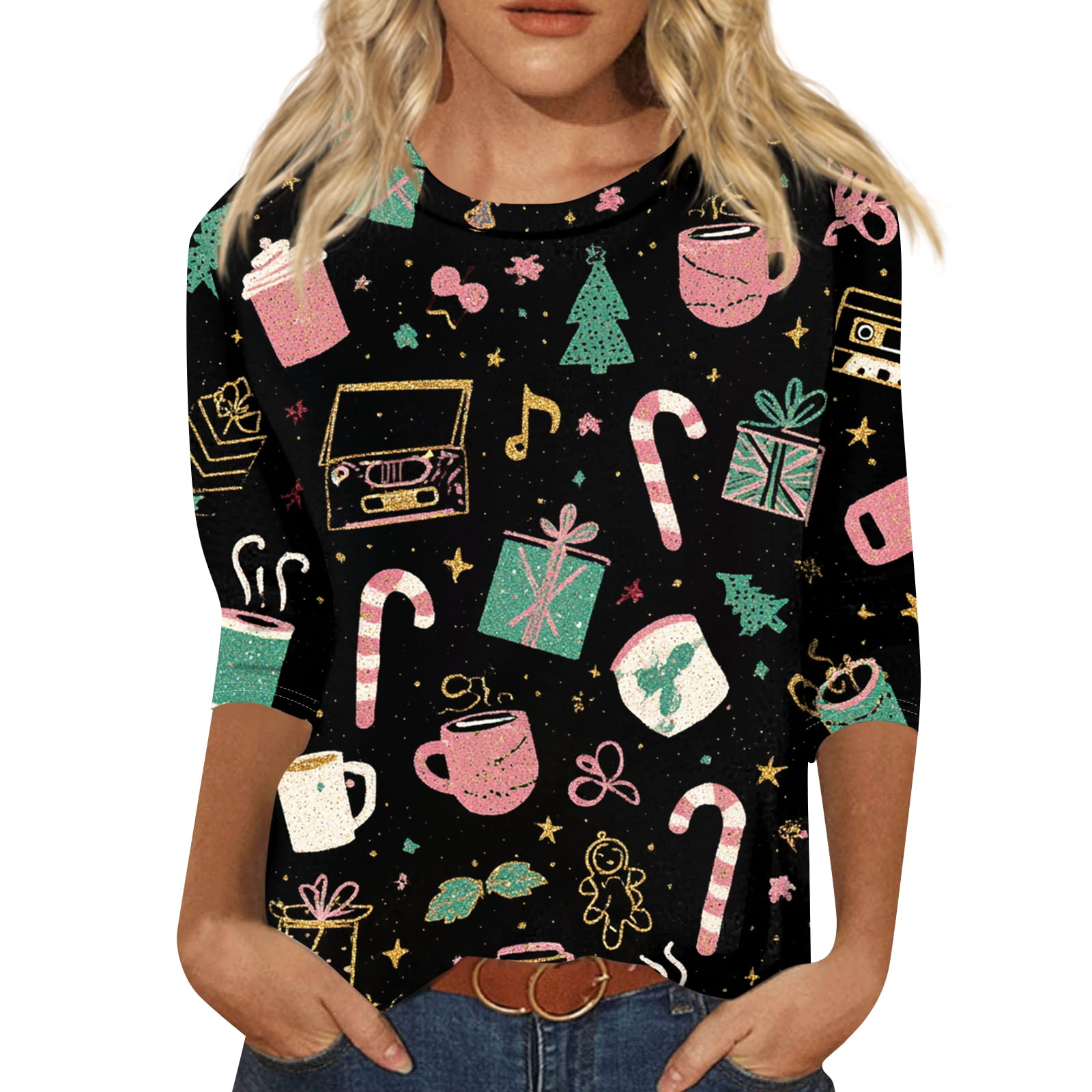 Plus Size Christmas Shirts for Women 3/4 Sleeve Christmas T Shirts ...