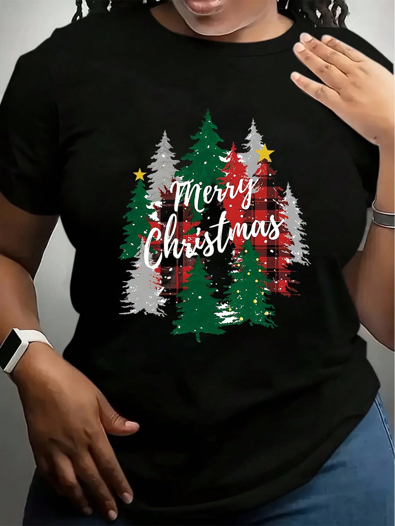 Plus Size Christmas Trees Print T-Shirt, Casual Crew Neck Short Sleeve ...