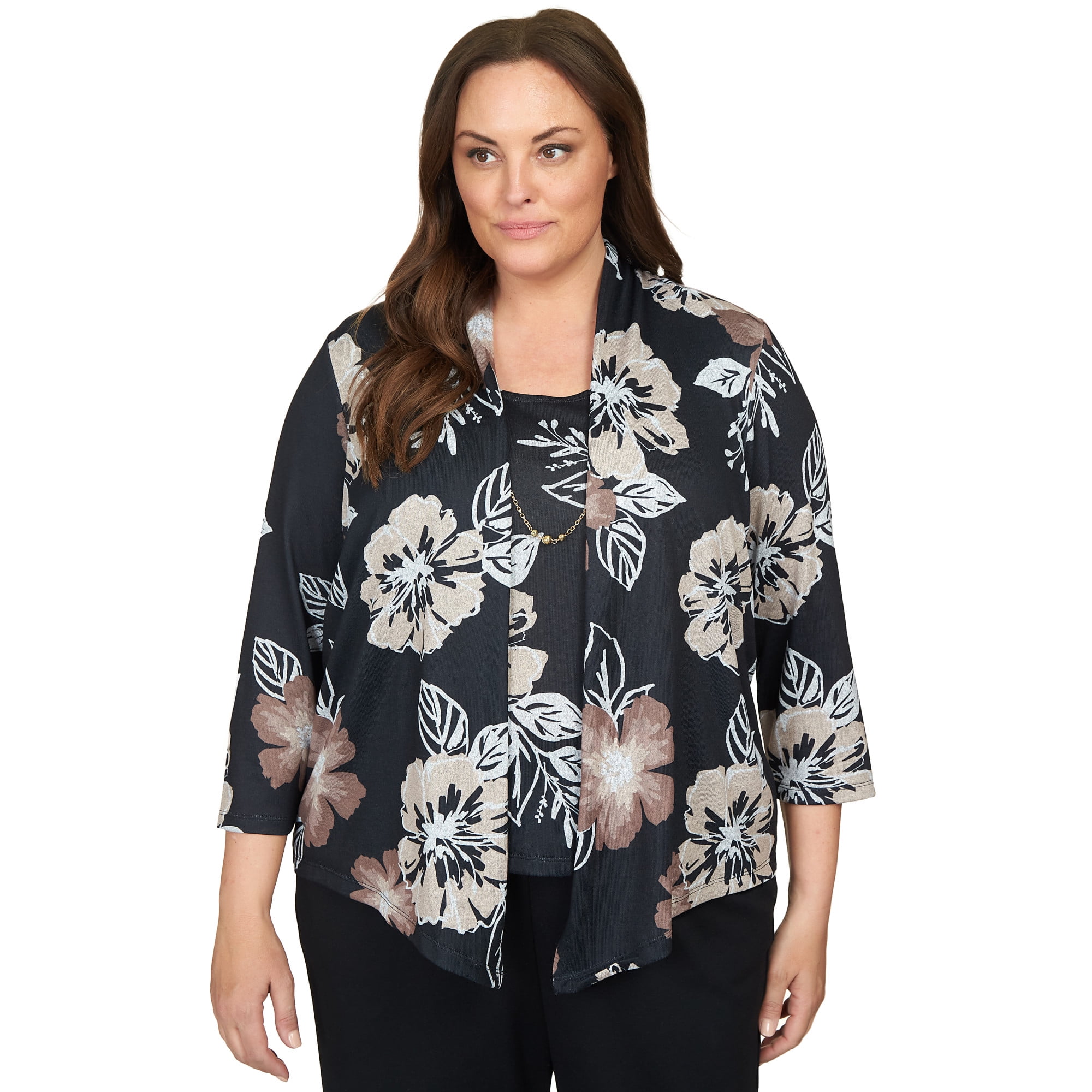 Plus Size Classics Stamped Floral Two for One Top with Necklace Black ...