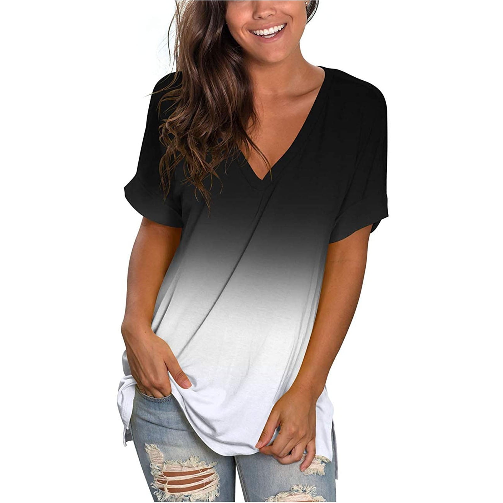 Plus Size Tops under $10 Gradient V-neck Short Sleeve Loose Printing ...