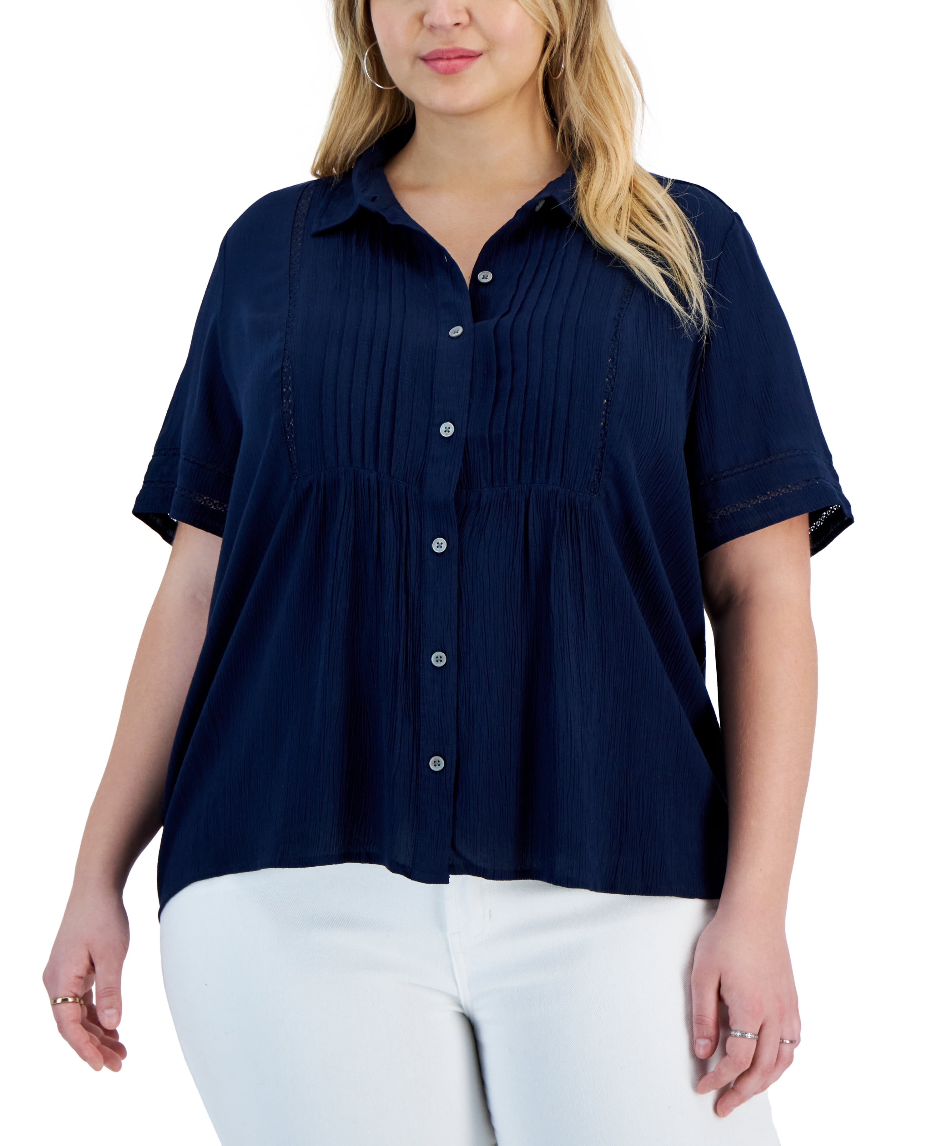 Plus Size Collared Pintuck Top Industrial Blue 1X - Walmart.com