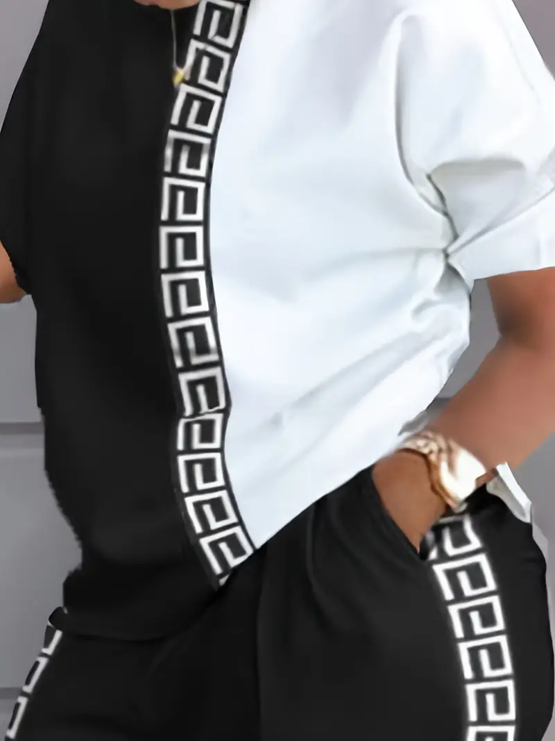 Plus Size Colorblock Geometric Print Short Sleeve Tops & Shorts Set ...