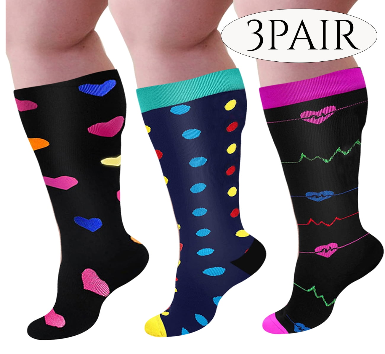 4XL Plus Size Knee High Compression Socks - Extra Wide Calf, 3-Pack ...