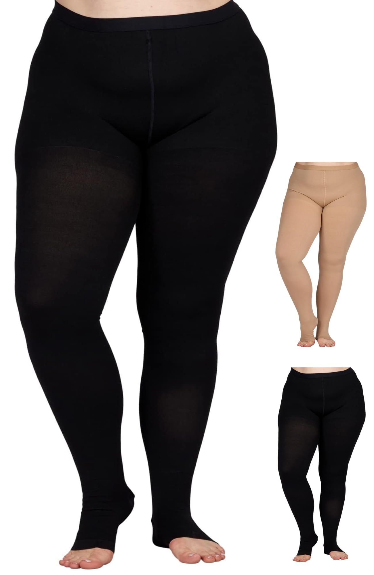 Plus Size Compression Tights for Women 20-30mmHg with Open Toe - Black ...