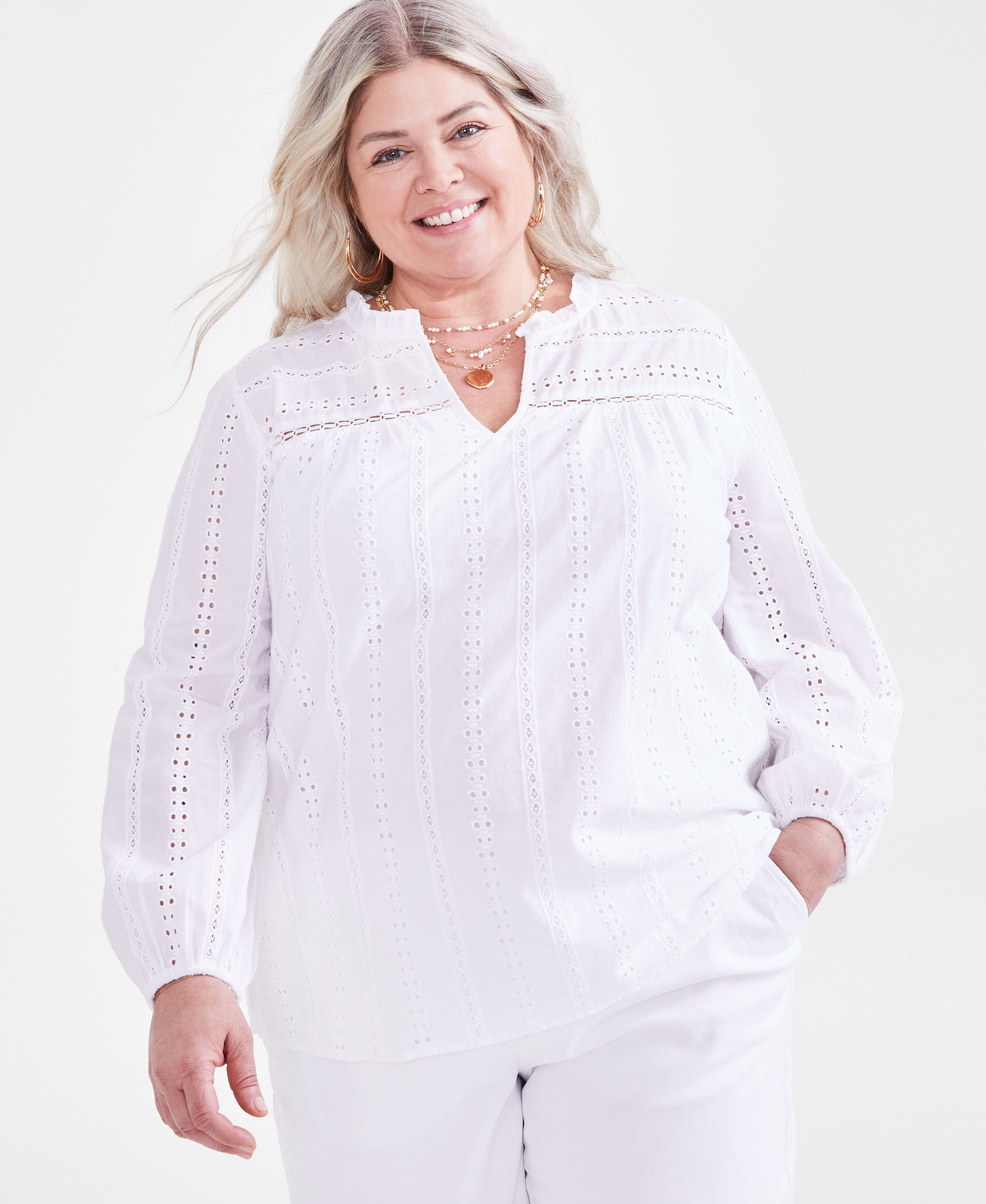 Plus Size Cotton Eyelet-Embroidered Split-Neck Top Bright White 3X ...