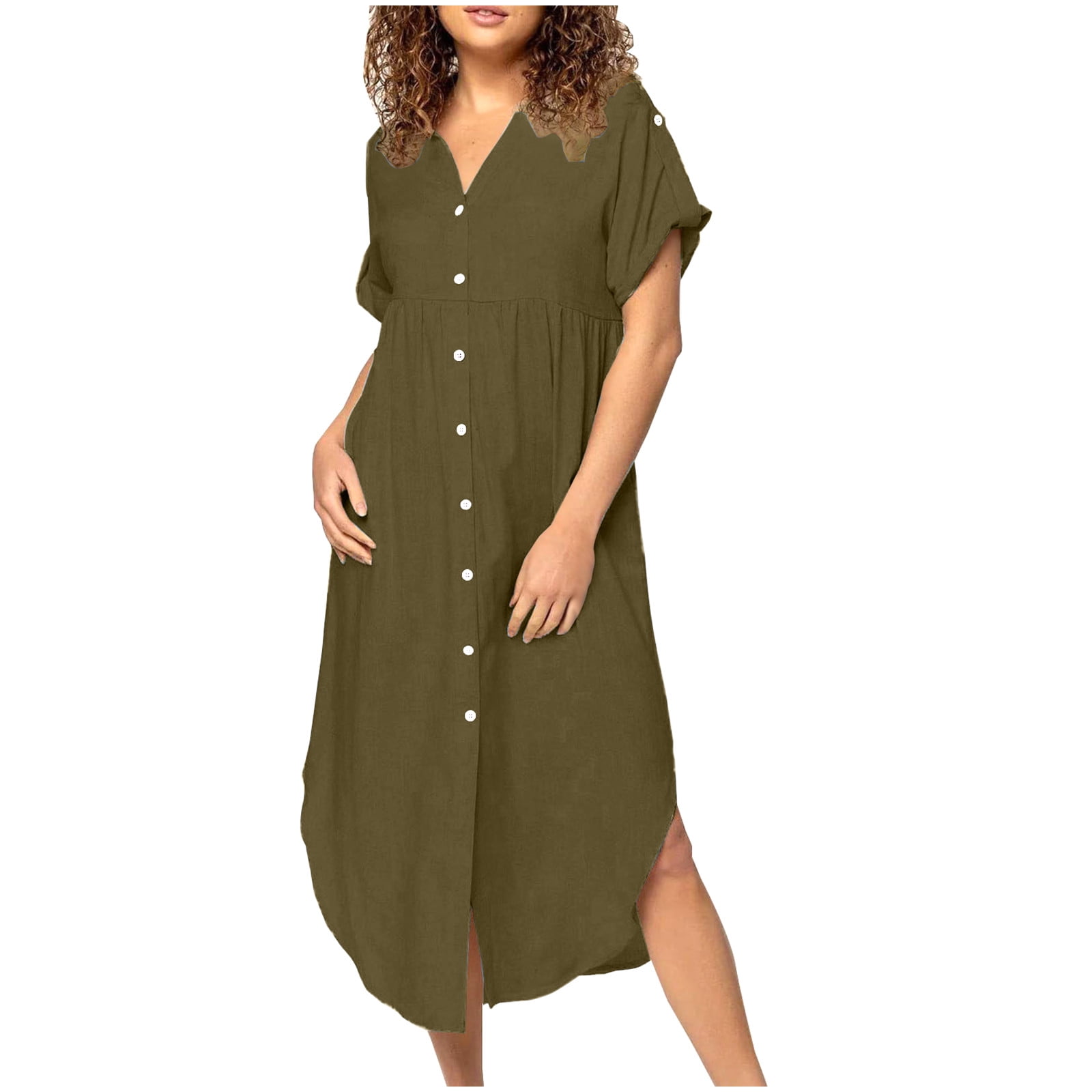 Plus Size Cotton Linen Dress Women Casual Button Down Shirt Dresses Loose Fit Sundress Empire ...