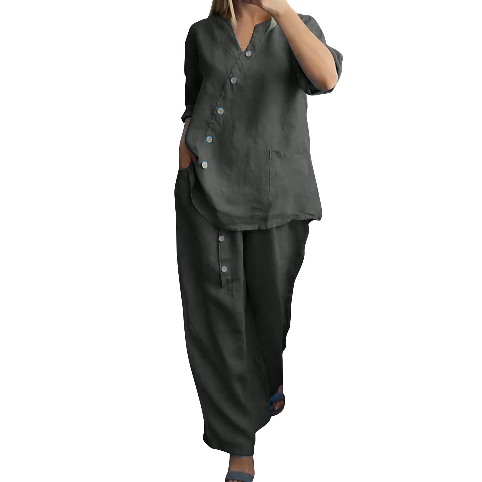 Plus Size Cotton Linen Outfits for Women 2 Piece Set Pants Suits V Neck ...