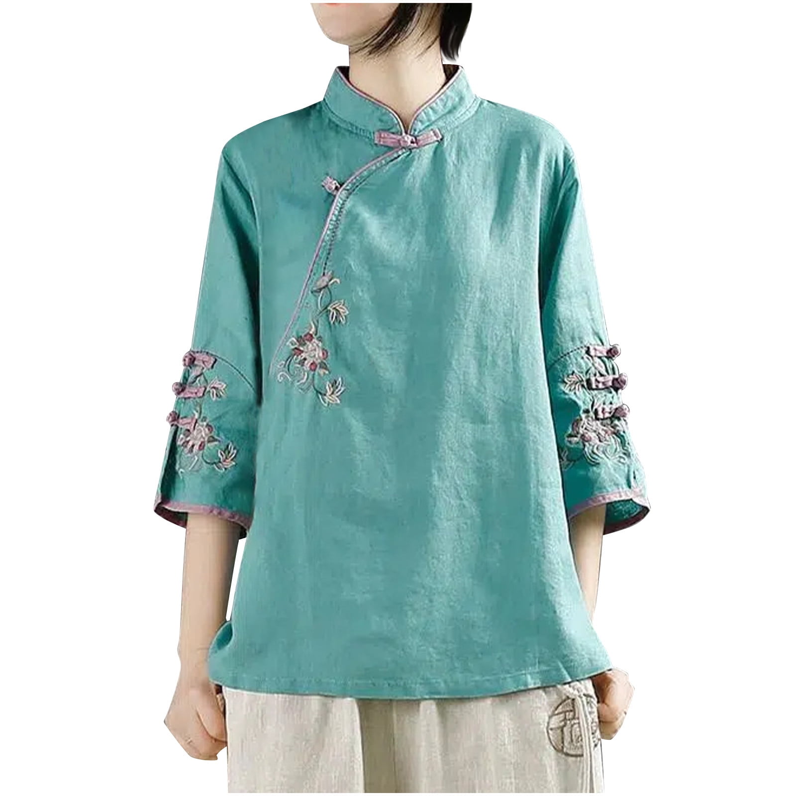 Plus Size Cotton Linen Tops Women Chinese Frog Button Shirts Casual ...