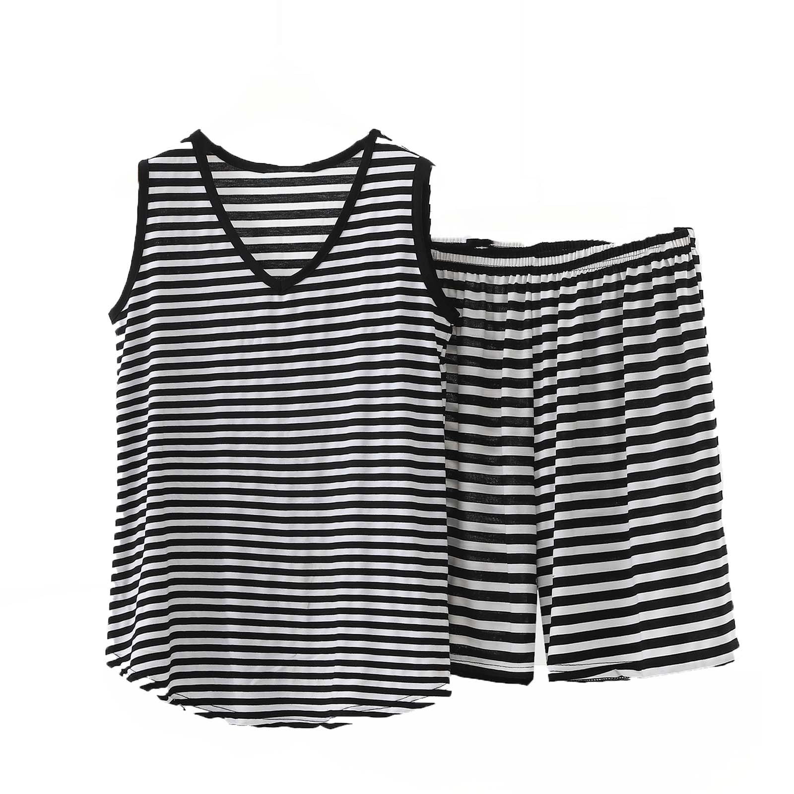 Plus Size Cotton Lounge Outfits Womens Striped Summer Pjs Sleepwear 2 ...