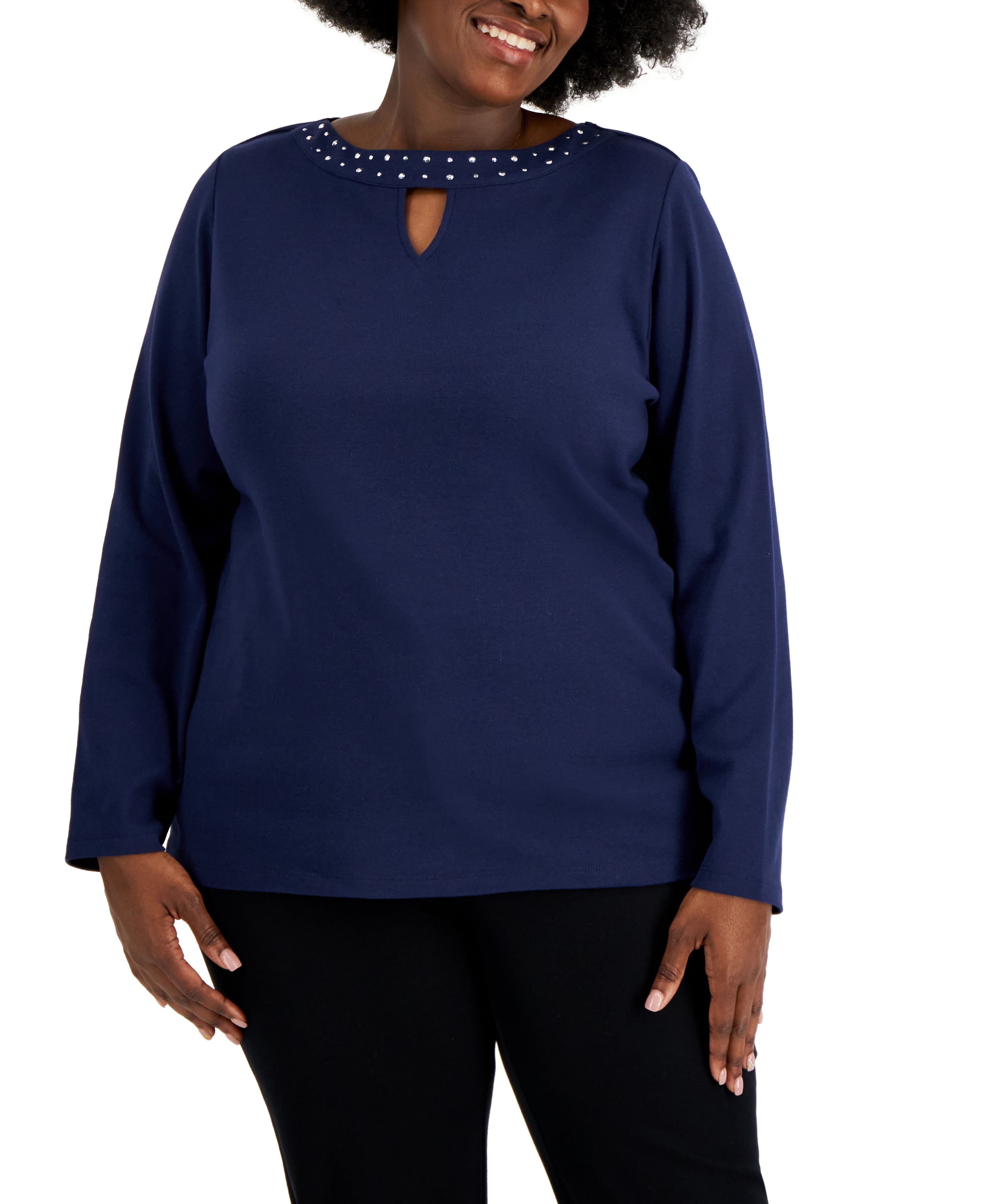 Plus Size Cotton Rhinestone-Embellished Keyhole-Cutout Top Intrepid ...