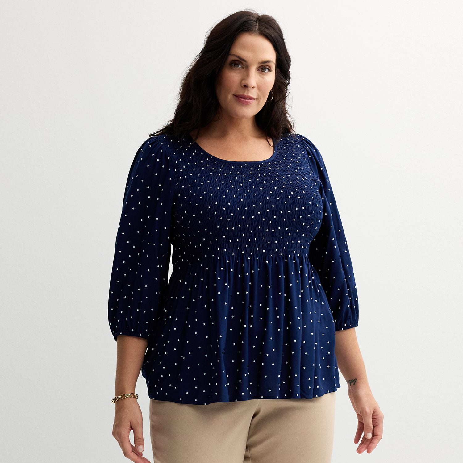 Plus Size Croft & Barrow® Smocked 3/4 Sleeve Blouse Color: Navy Scatter ...