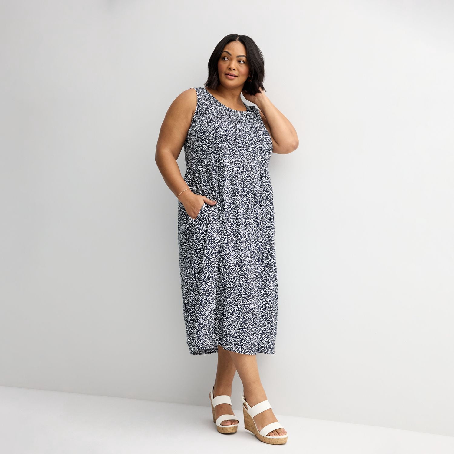 Plus Size Croft & Barrow® Smocked Midi Dress Color: Navy Tiny Blooms ...