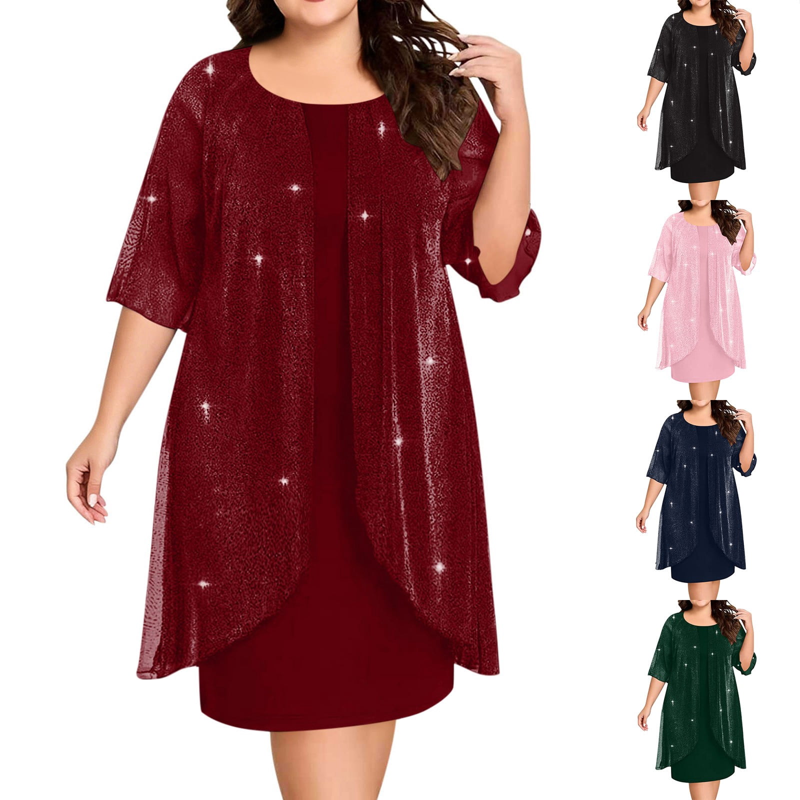 Plus Size Dress Women's Solid Color Plus Size Glitter Round Neck Three ...