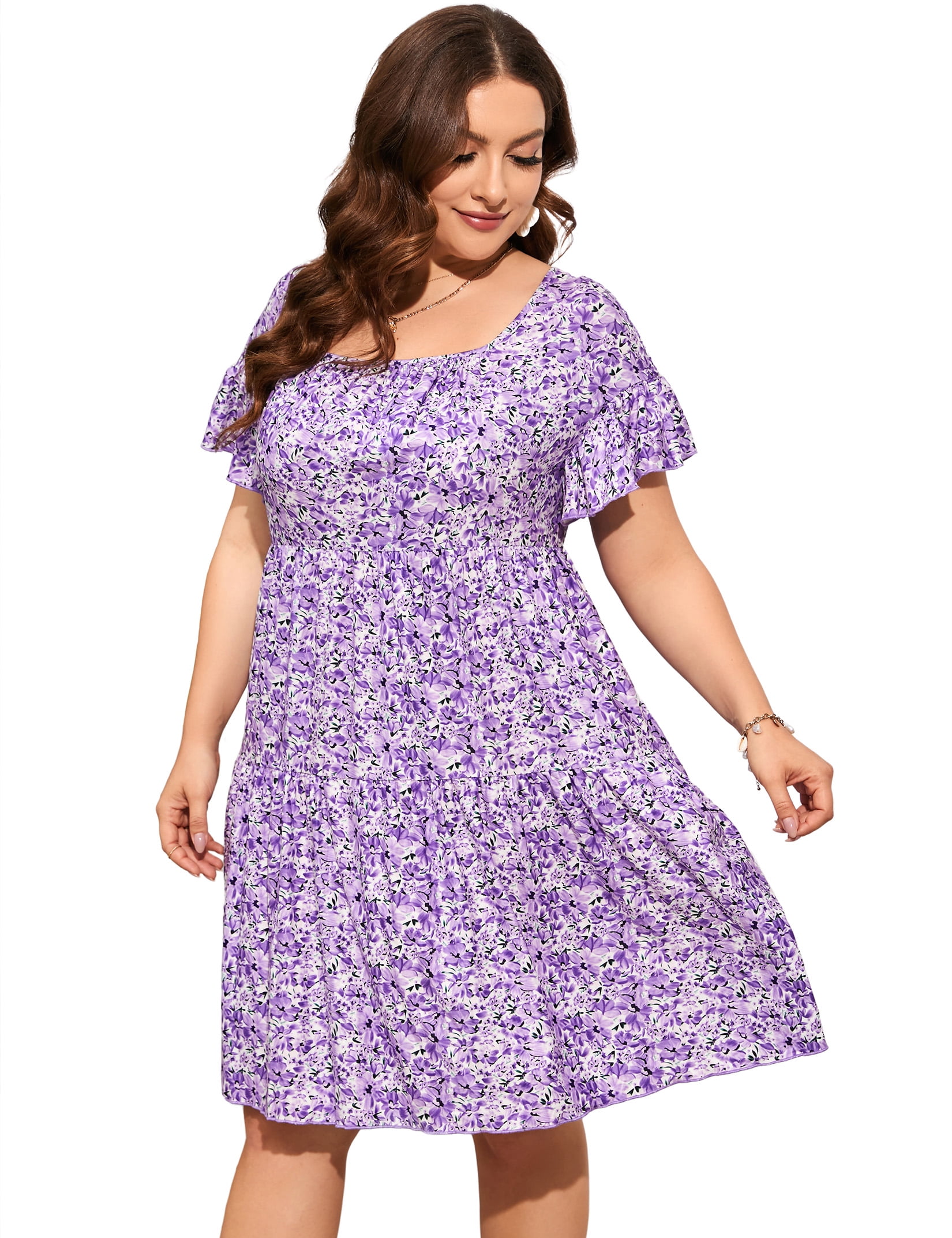Plus Size Dress for Women Short Sleeve Shirred Square Neck Floral Maxi ...
