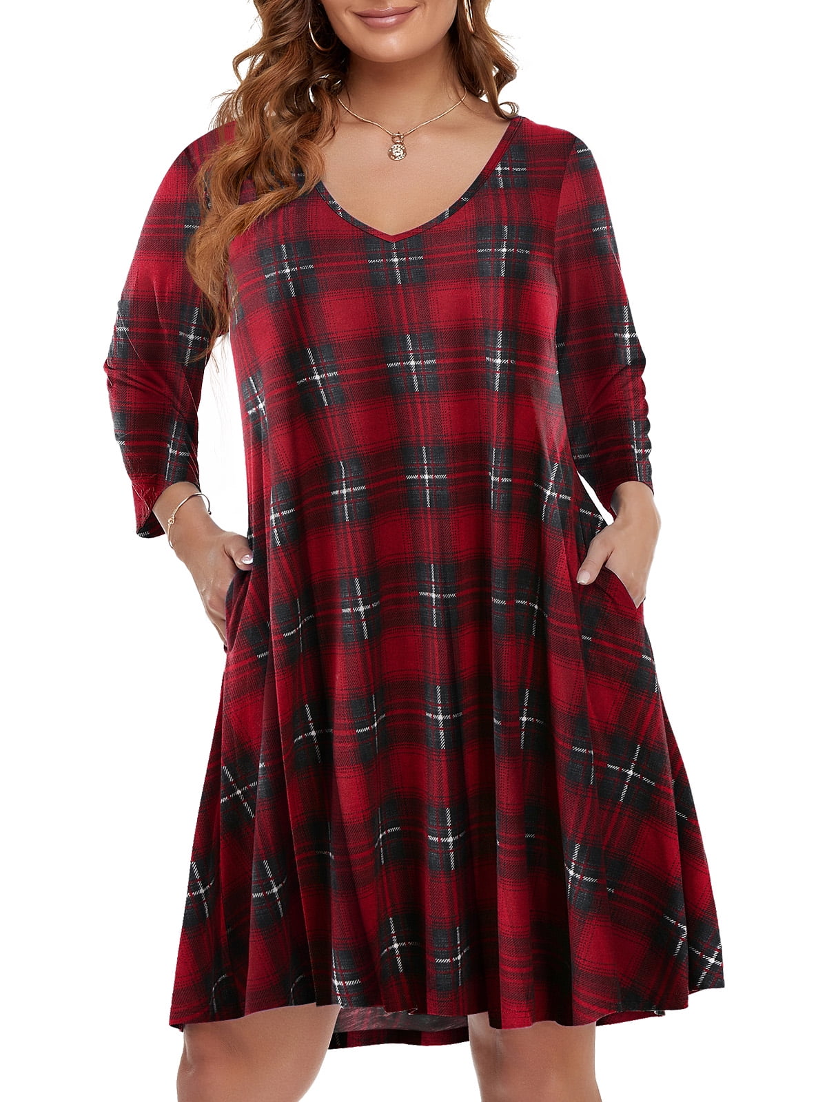 Plus Size Dresses 1X for Women, VEPKUL V Neck T Shirt Dress 3/4 Sleeve ...