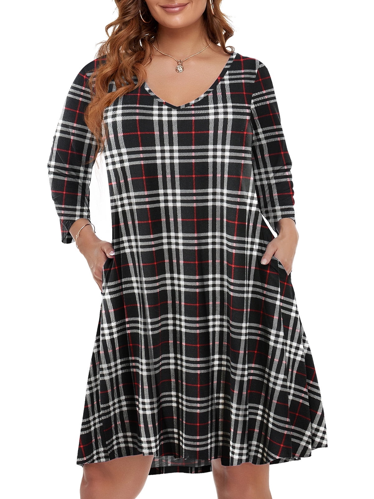 VEPKUL V Neck Plus Size Dresses 3/4 Sleeve Casual Loose Swing Fall ...