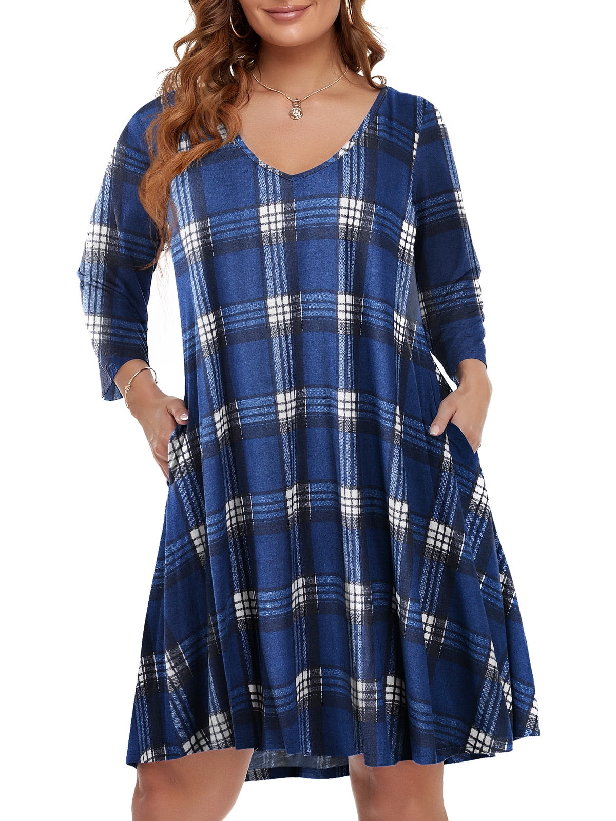 Plus Size Dresses 2X for Women, VEPKUL V Neck T Shirt Dress 3/4 Sleeve ...