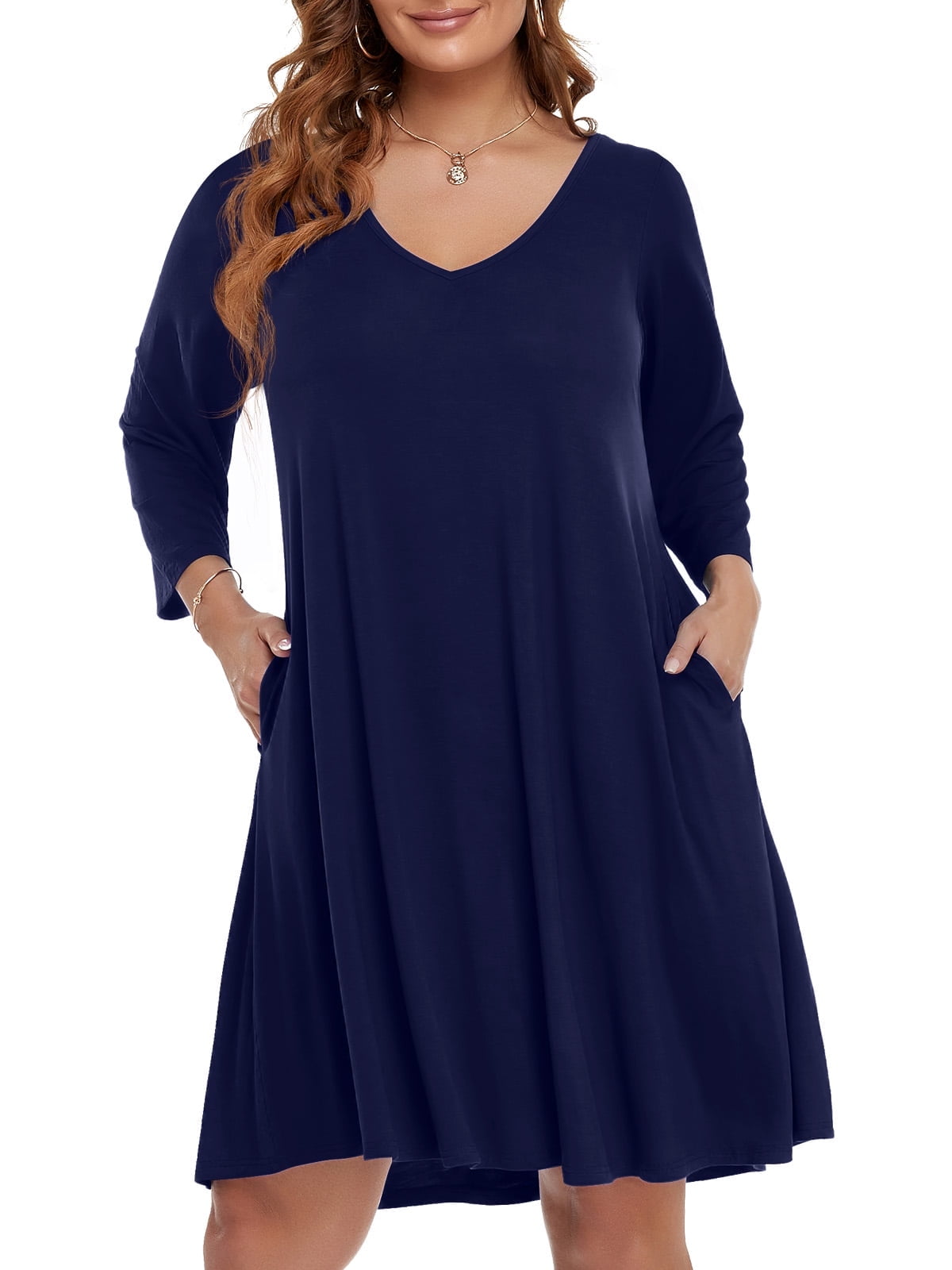 VEPKUL V Neck Plus Size Dresses 3/4 Sleeve Casual Loose Swing Fall ...