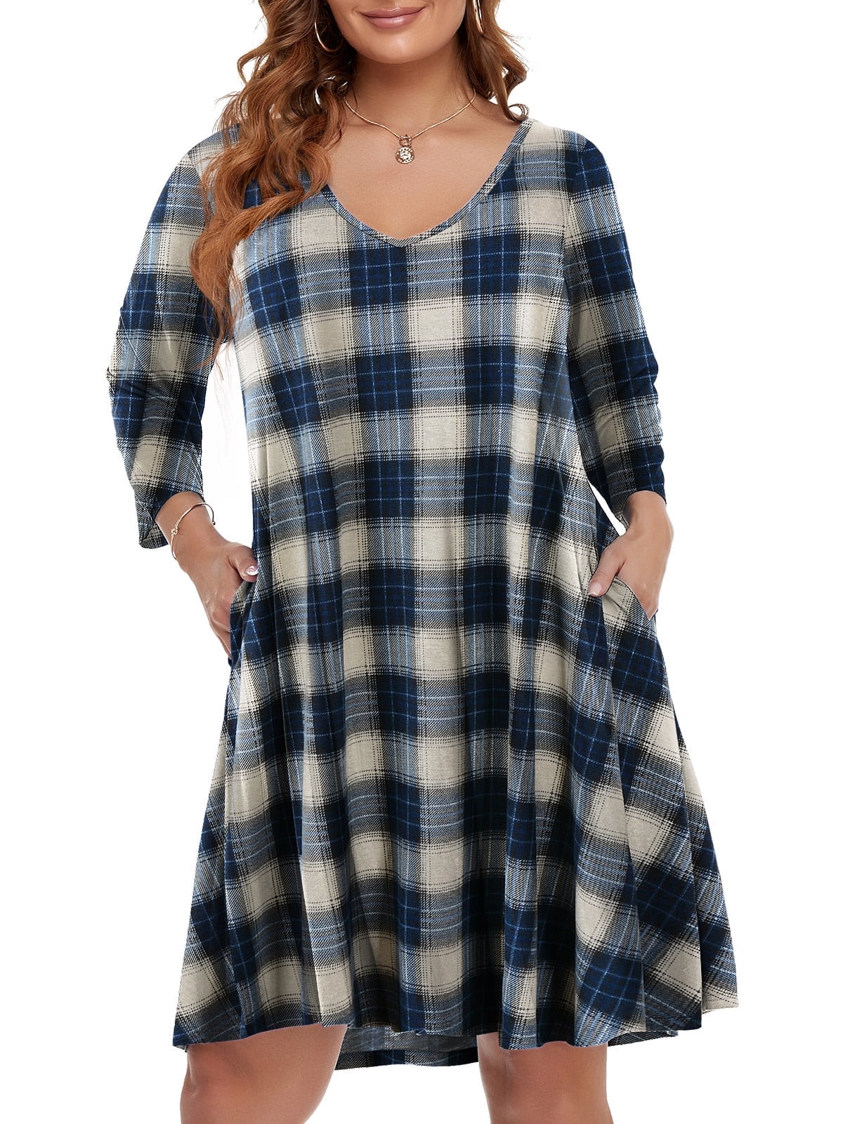 VEPKUL V Neck Plus Size Dresses 3/4 Sleeve Casual Loose Swing Fall ...